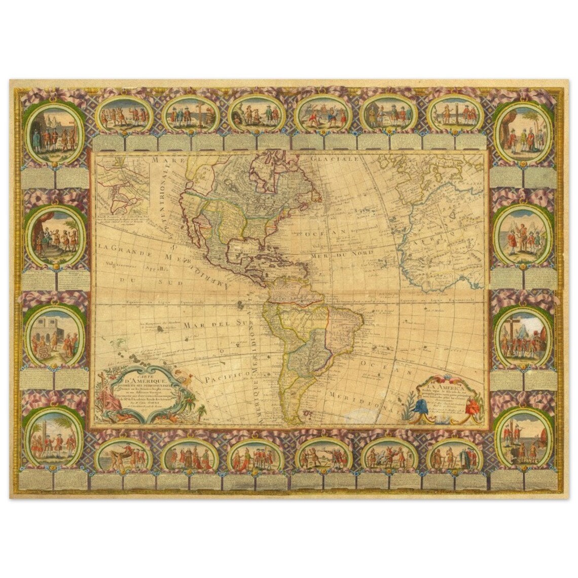 Ancient Illustrated Map of America. Poster of Old Cartography of the ...