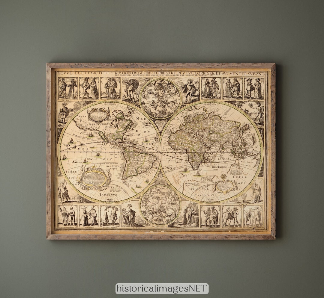 World Map Poster Reproduction . Ancient World Hemisphere of 1645. Fine ...