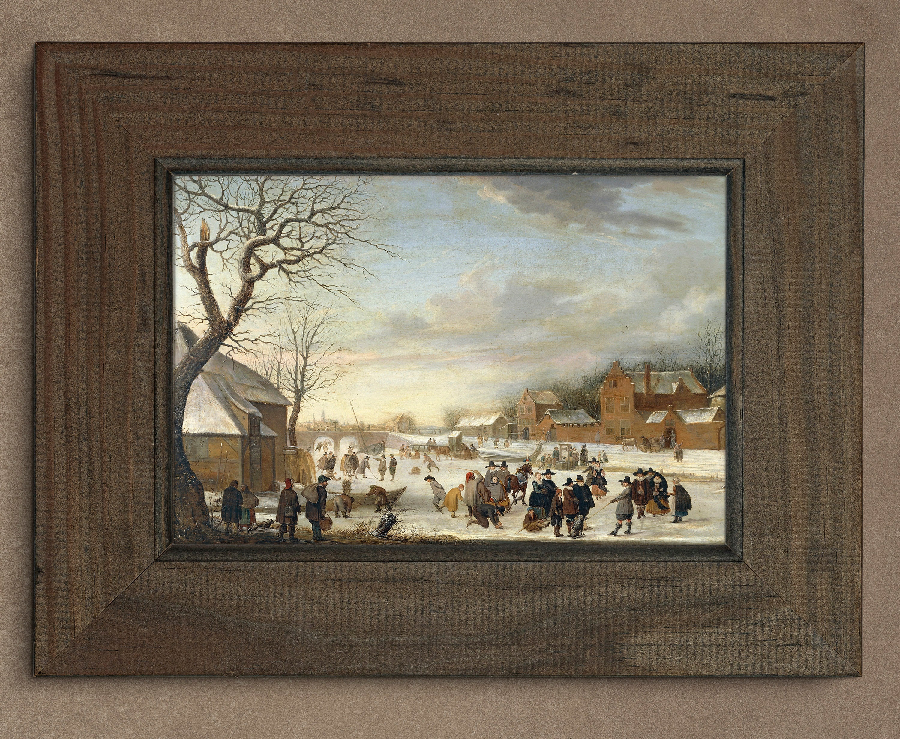 Antique Painting With Vintage Landscape, People Skating on Ice XVII ...