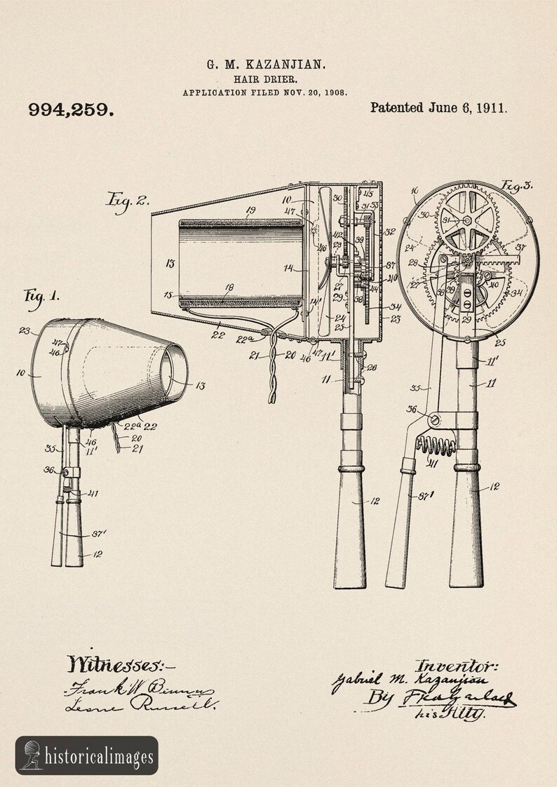 Hair Drier patent drawing by G M Kazanjian Matte print - Etsy Portugal