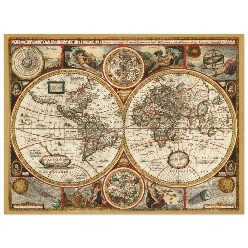 Ancient World Map. Beautiful Illustrated Double Sphere Cartography of ...