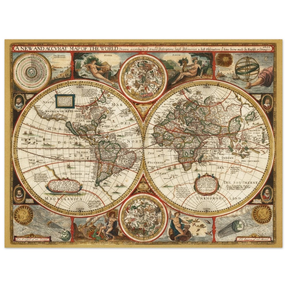 Ancient World Map. Beautiful Illustrated Double Sphere Cartography of ...