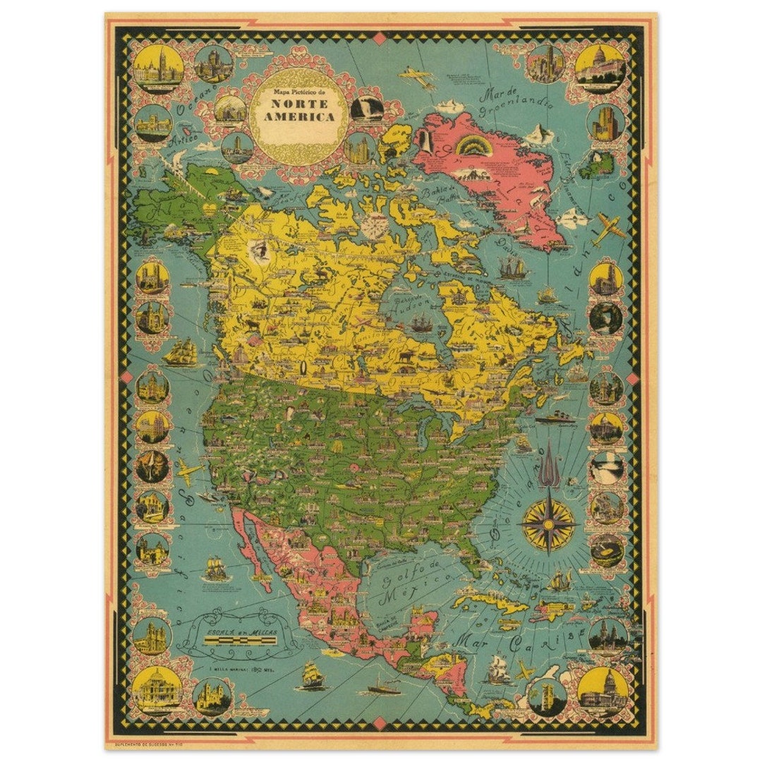 North America Ancient Pictorical Map. Remastered Antique Map ...