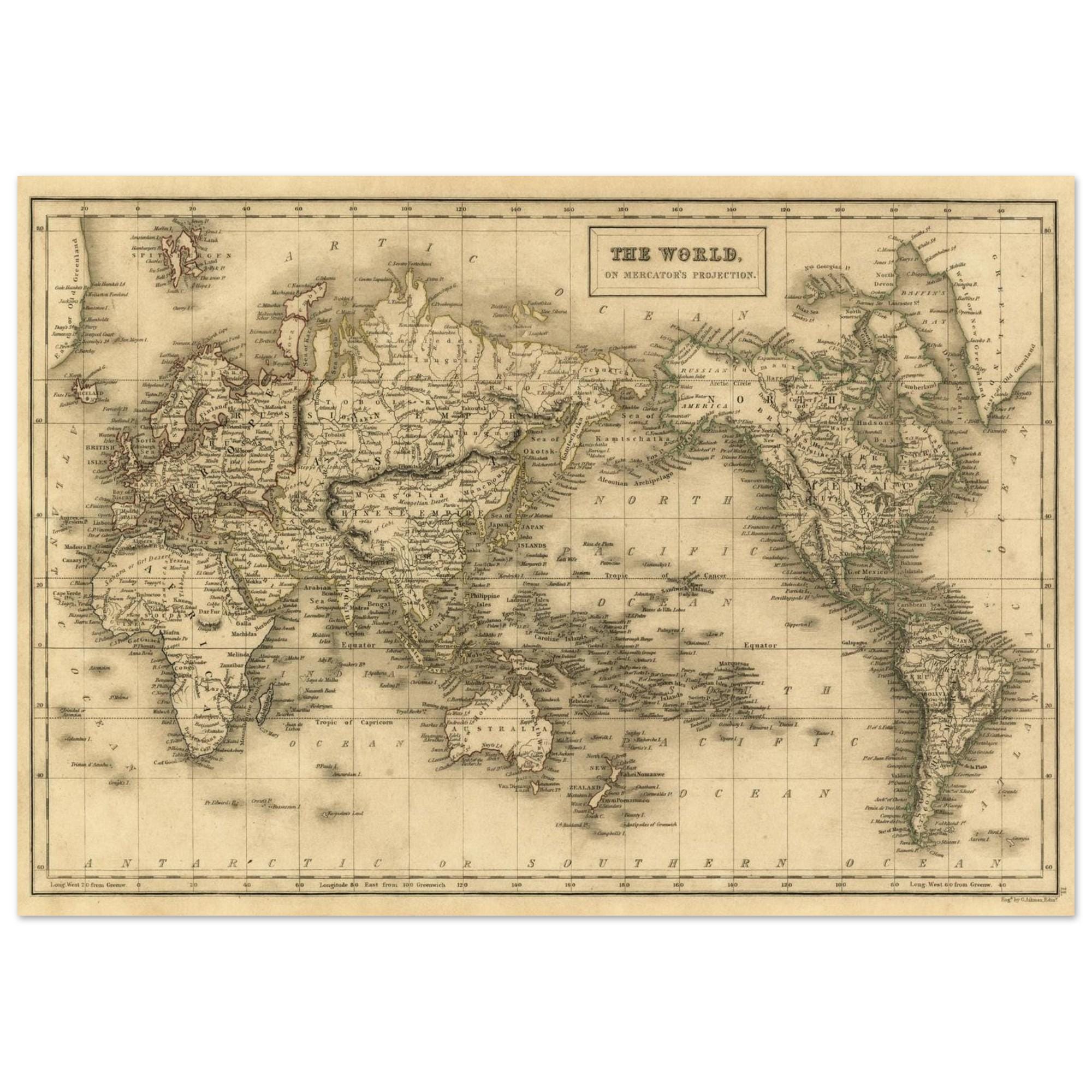 Old Vintage World Map on Mercator's Projection. 1840 Premium Matte ...