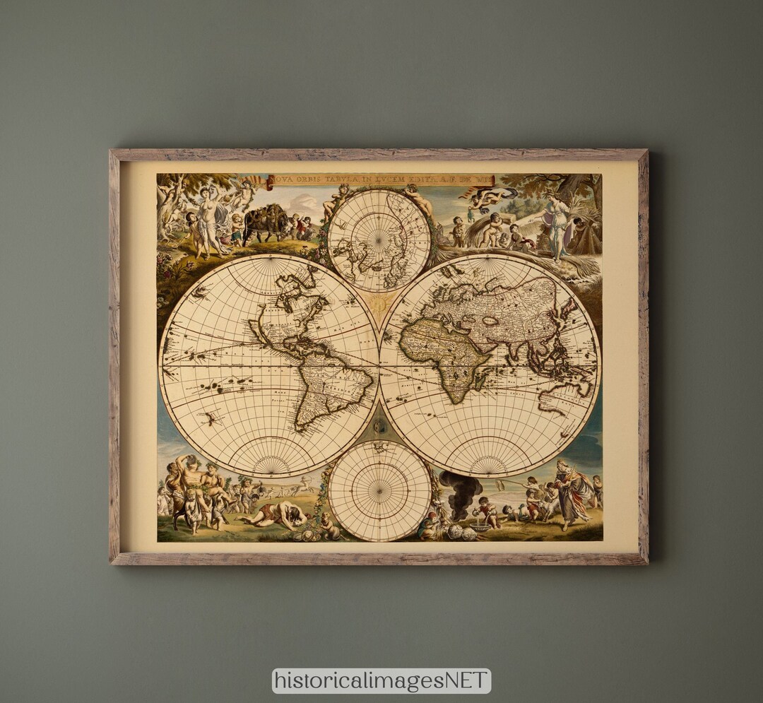 Ancient World Map Print Beautifully Decorated With Illustrations ...