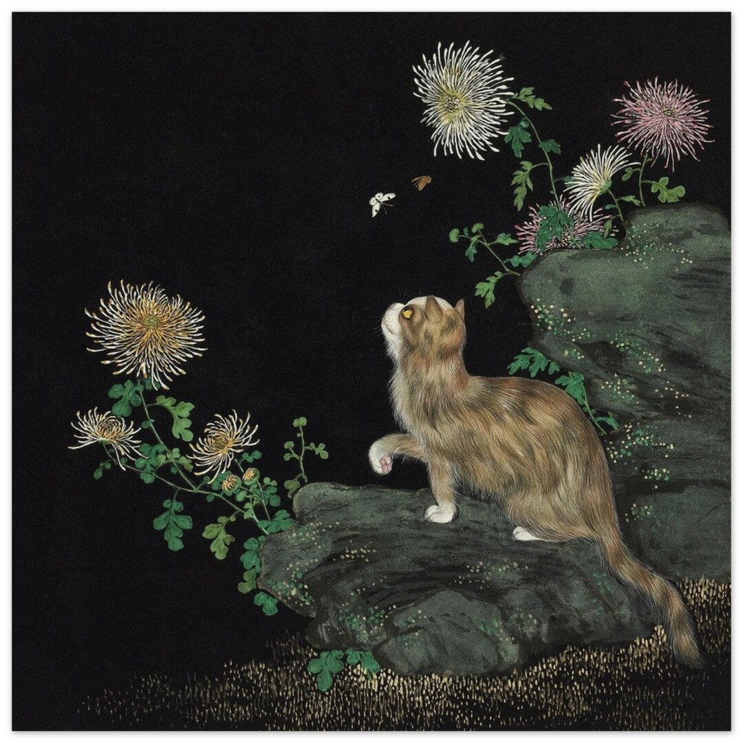 Cats and Butterflies in Springtime Old Oriental Painting by Shen Zhenlin. Fine Art Print and ...