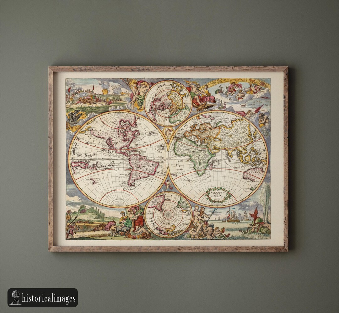 Ancient World Map Beautifully Illustrated XVII Century. Fine Art Print ...