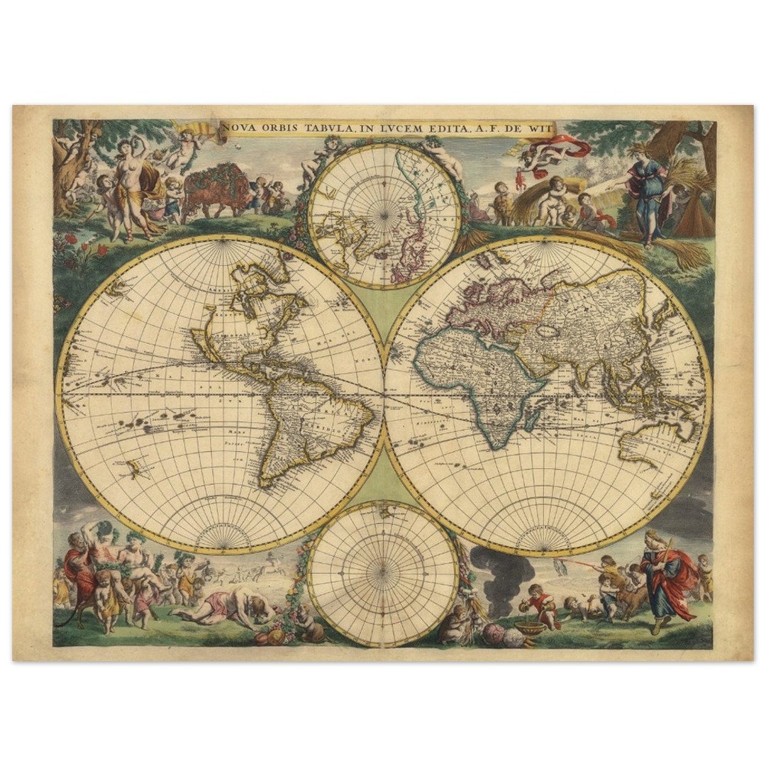 1688 Ancient Wold Map. Beautiful Double Hemisphere Antique Old Map ...