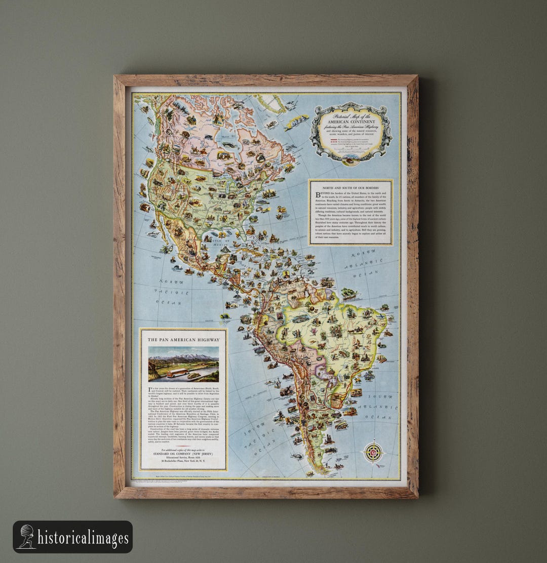 Pictorial Map of America. the Pan American Highway Route. Fine Art ...
