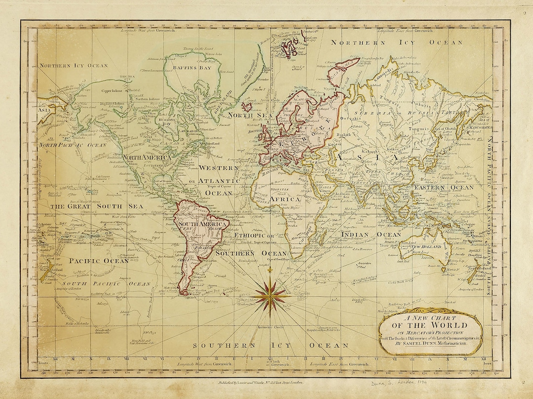 Ancient Vintage World Map Mercator's Projection by Samuel Dumm 1794 - Etsy
