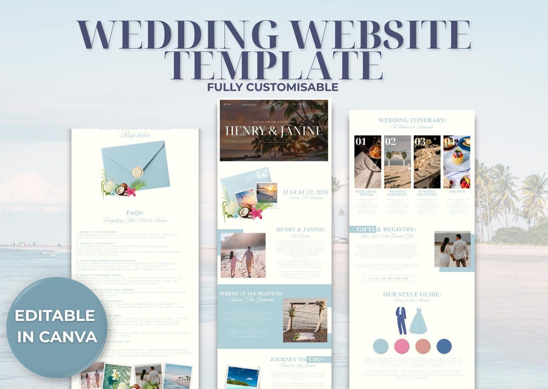 Tropical Wedding Website Template | Beach Theme | Editable Canva Design ...