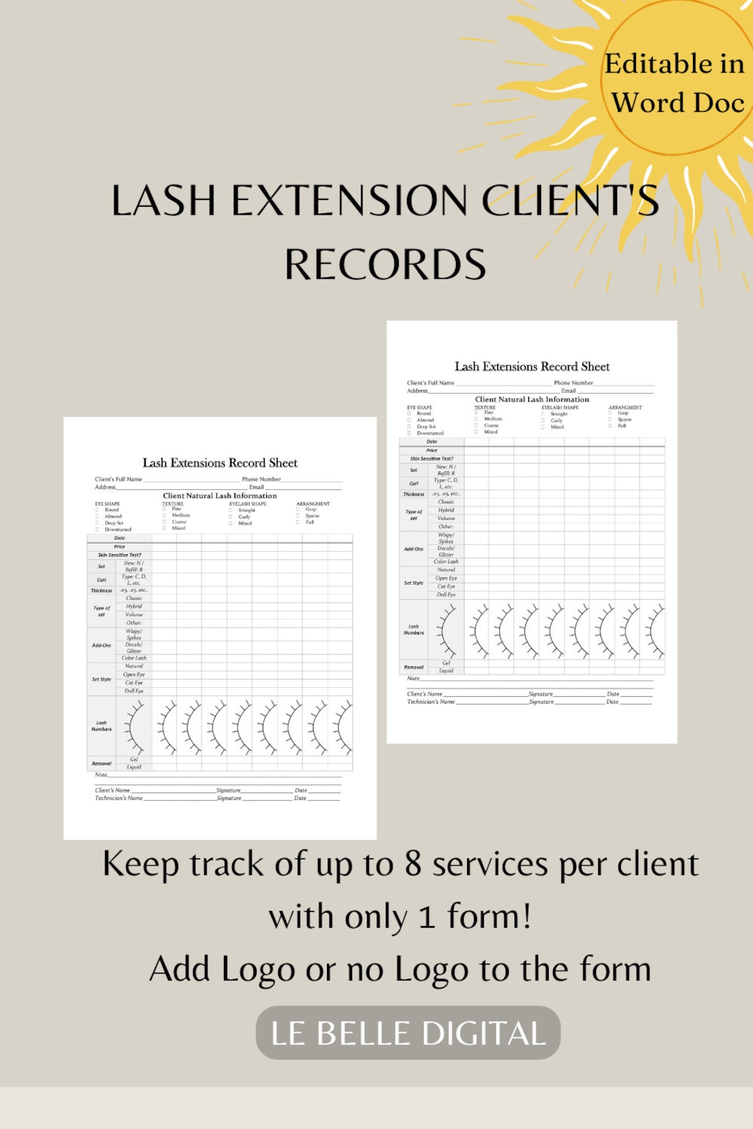 Digital Eyelashes Client Record Sheet, Lash Record, up to 8 Records per ...