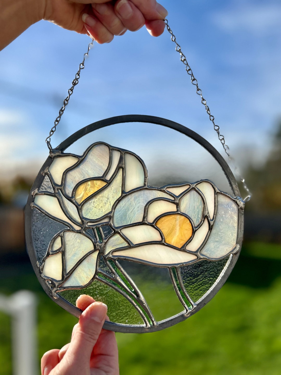 Poppy Stained Glass Suncatcher: White Floral Window Decor - Etsy