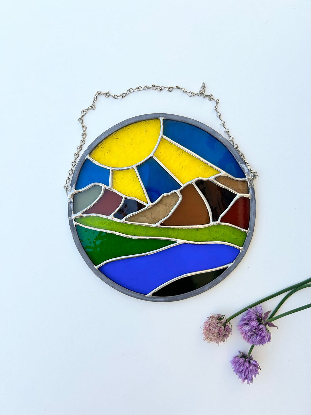 Stained Glass Sun Mountain Panel, Mountain Window Hanging, Wall Hanging ...