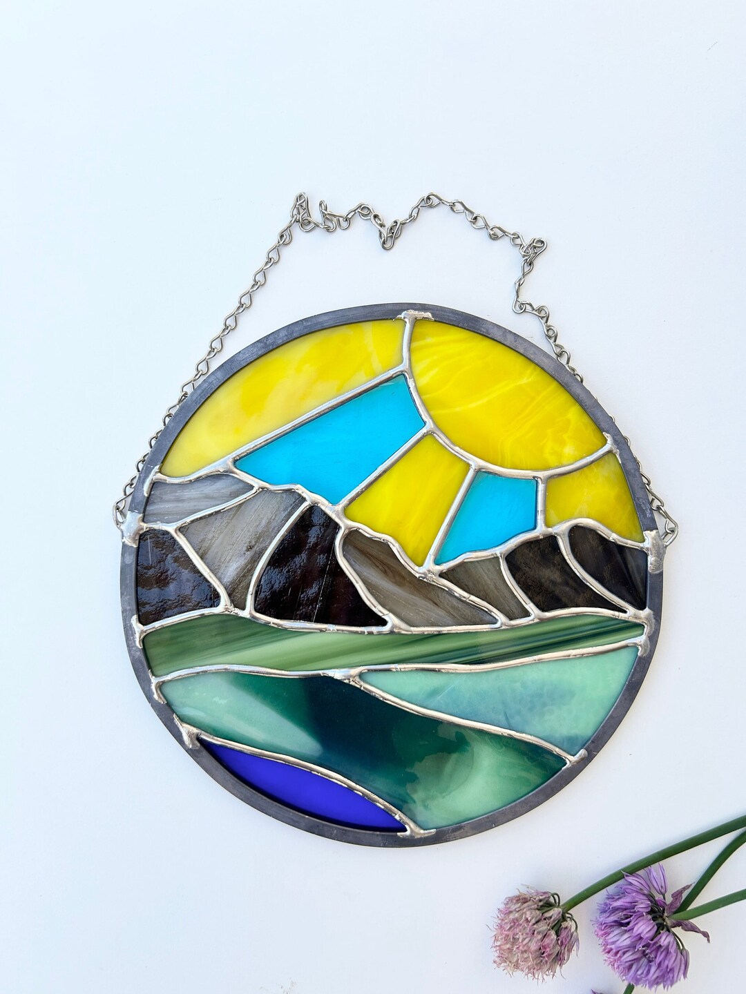 Stained Glass Mountain Sun Panel: Round Window Wall Hanging - Etsy