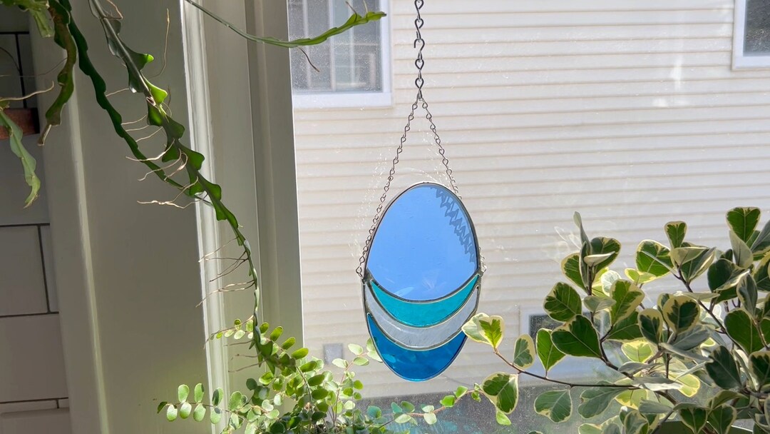Blue Stained Glass Oval Panel: Ocean Wave Window Hanging - Etsy