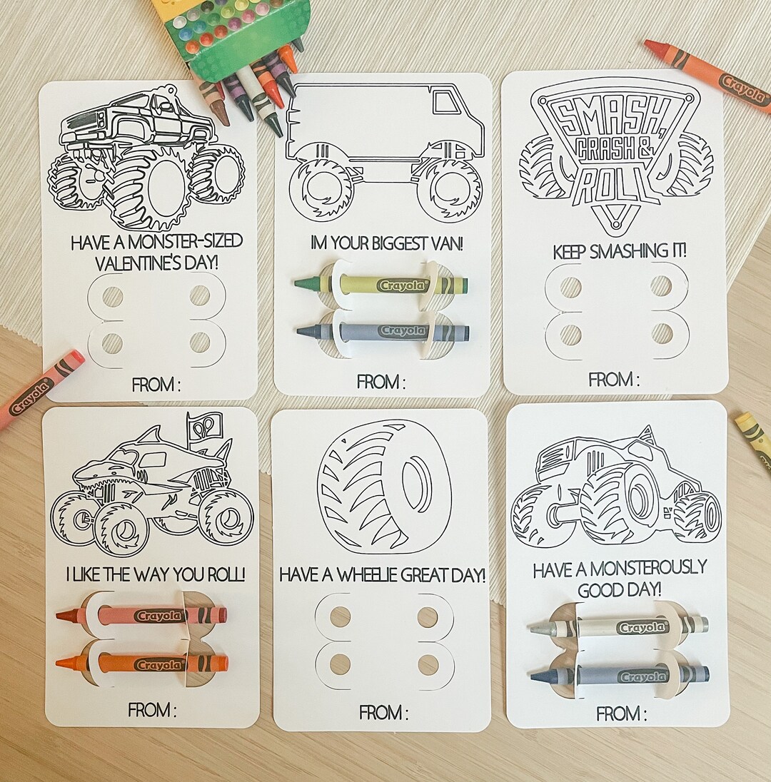 MONSTER TRUCK Valentine's Day Coloring Cards - Etsy