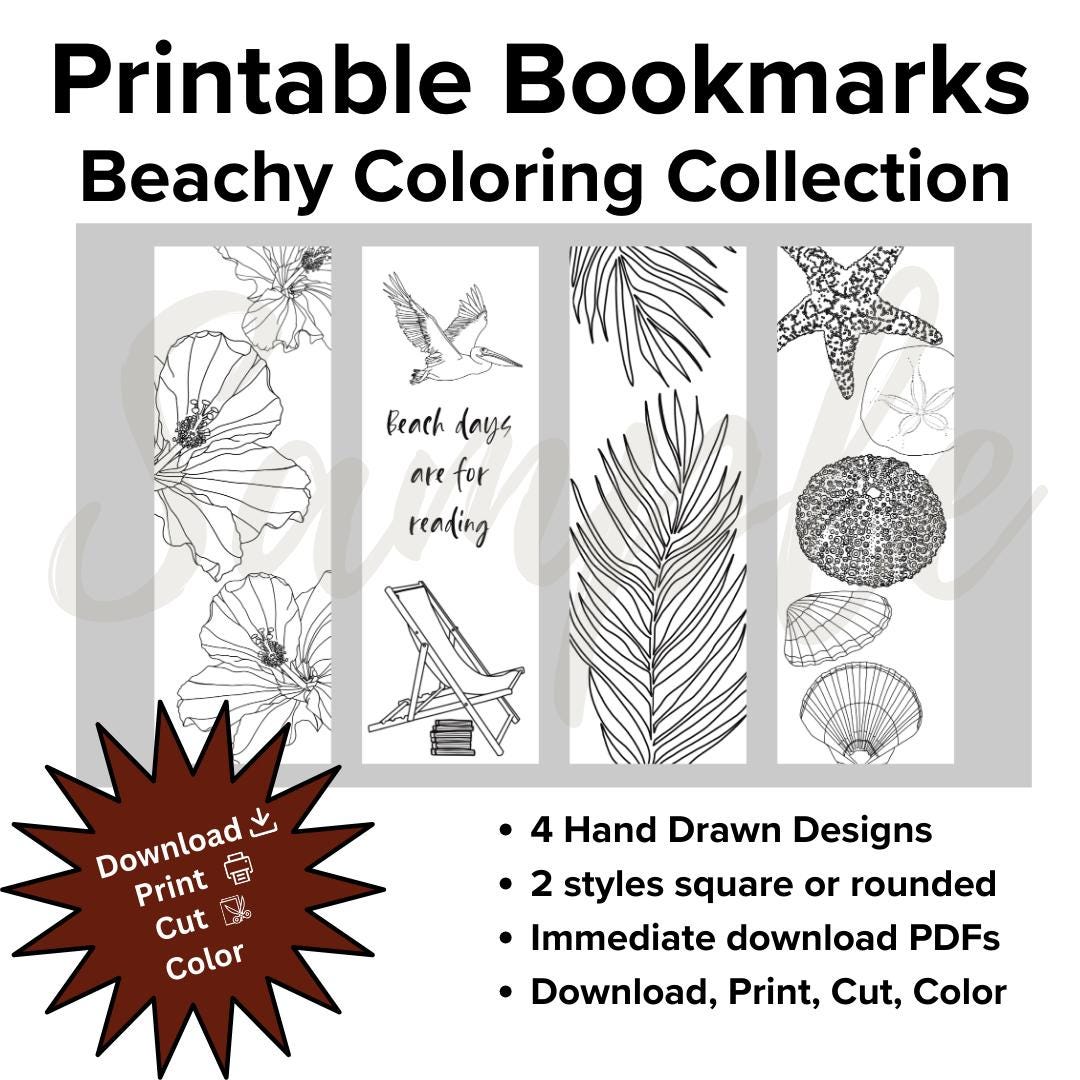 Beachy Printable Coloring Page Bookmarks / Book Lover / Digital ...
