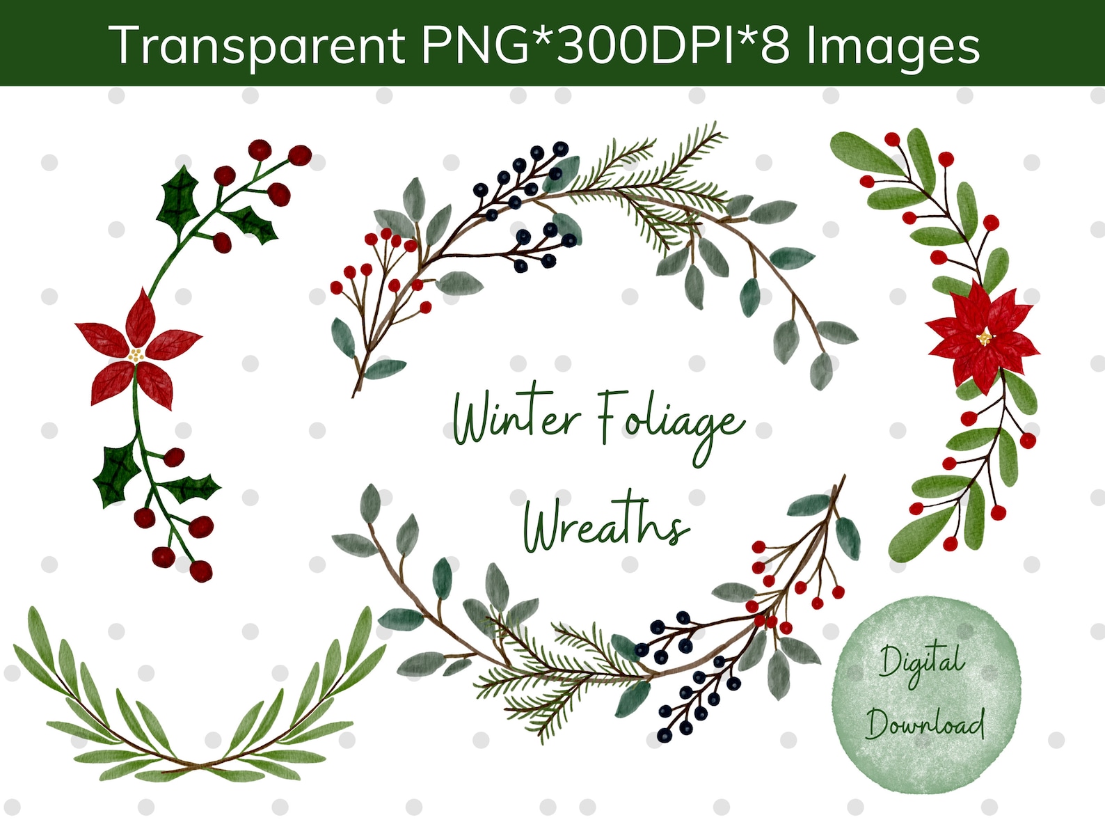 Christmas Clipart Winter Foliage Wreath, Christmas Greenery Clipart ...