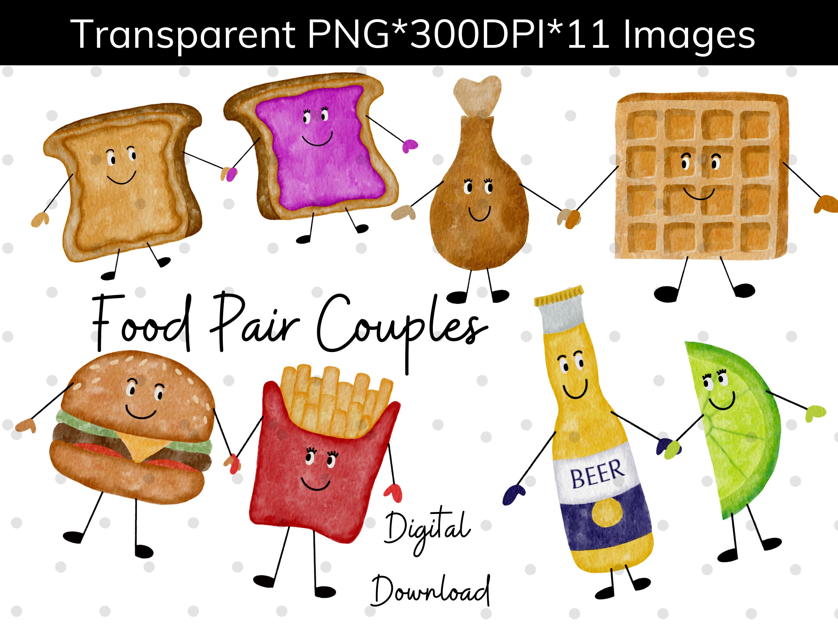 Food Pairs Couples Watercolor Clipart, Kids Valentines Cards DIY ...