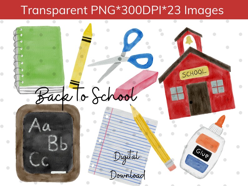 Back to School Watercolor Clipart, Kids School Supplies, DIY ...