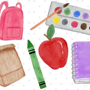 Back to School Watercolor Clipart, Kids School Supplies, DIY ...