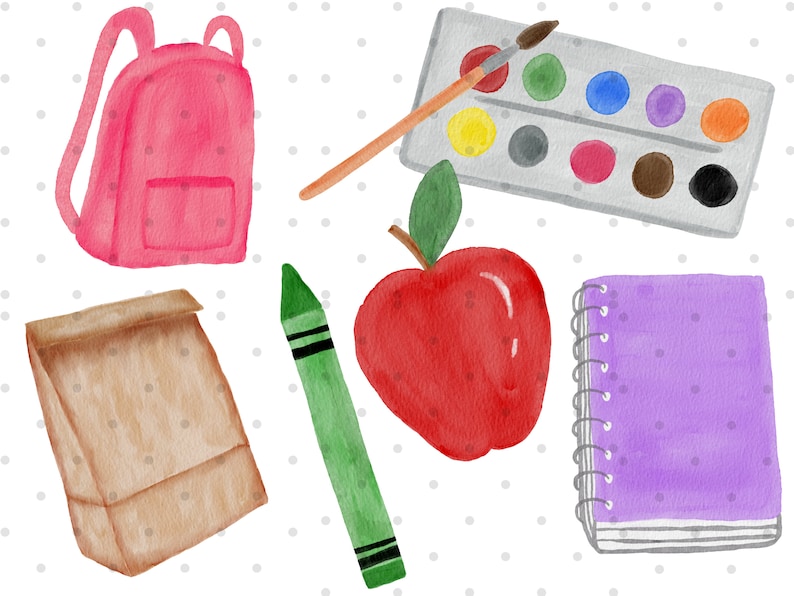 Back to School Watercolor Clipart, Kids School Supplies, DIY ...