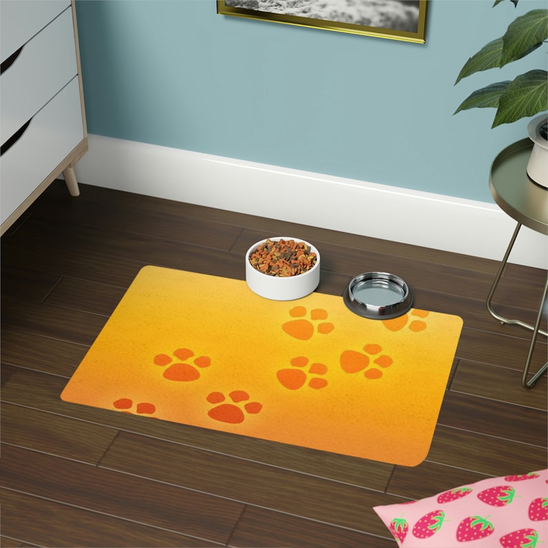 Pet Food Mat 12x18. Retro Orange Paw Prints. Pet Supplies. Pet Mats ...