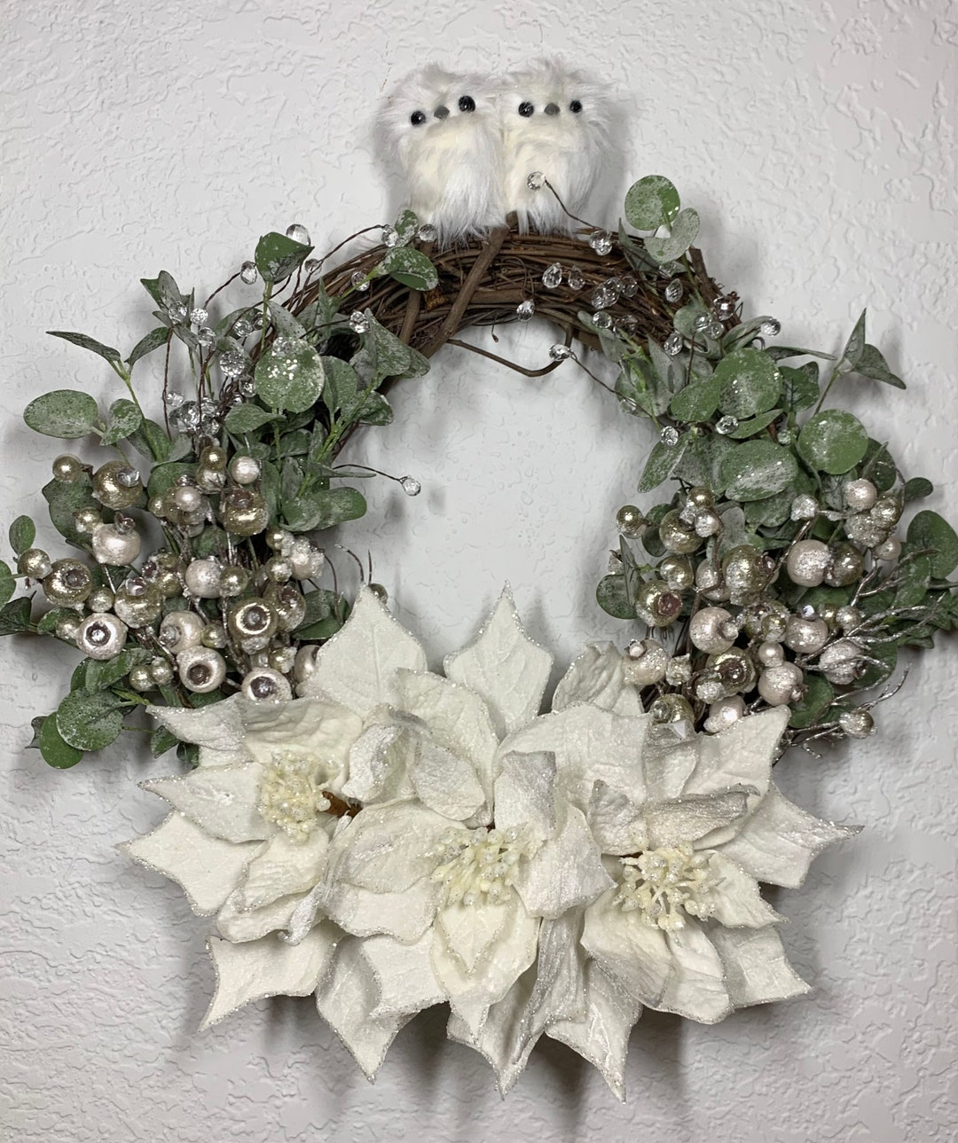 Winter White Themed Poinsettia Wreath With Perched Snow Owls, Silver ...