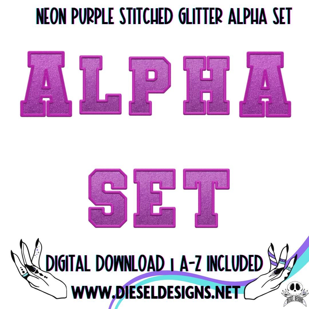 Neon Purple Stitched Glitter Alpha Set | 300 DPI | Transparent PNG ...