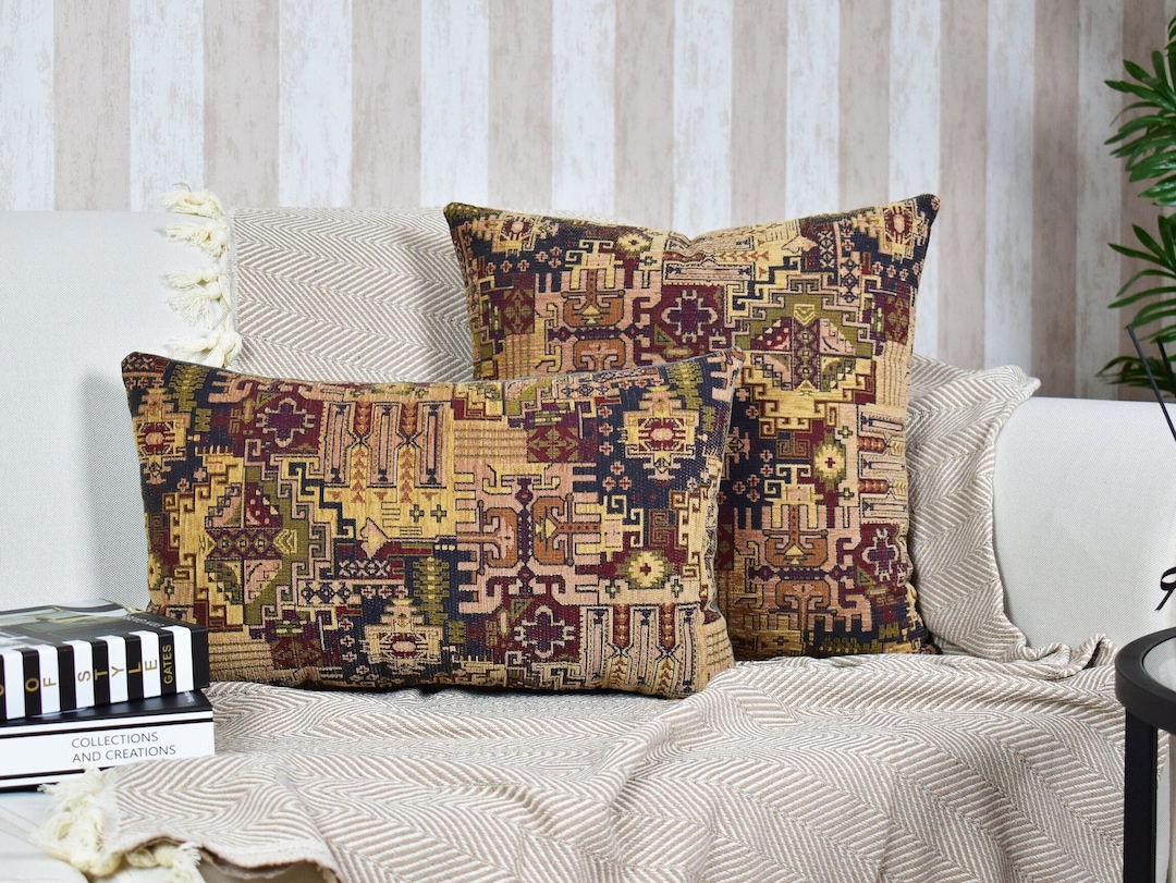 Geometric Turkish Kilim Lumbar Pillow Cover, Bohemian Chenille Cushion ...