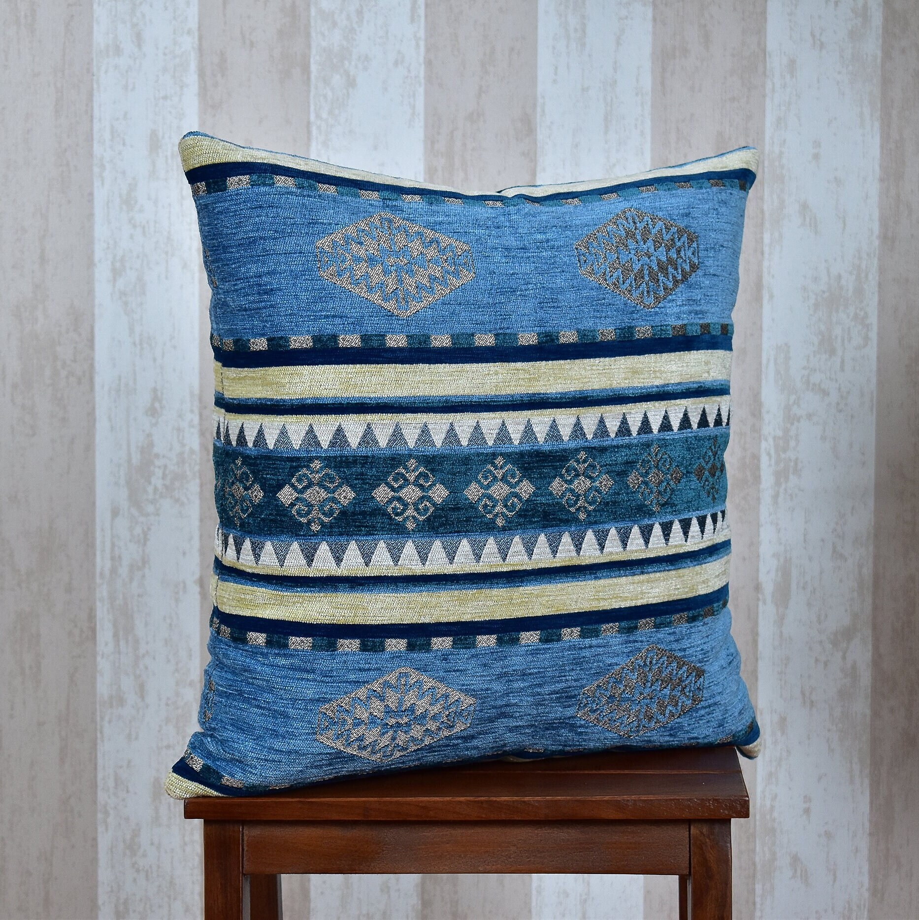 Blue Turkish Kilim Pillow Cover, Geometric Chenille Throw Pillow - Etsy