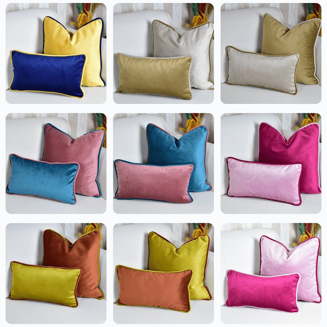 Velvet Pillows, Piping Throw Pillow, Velvet Lumbar Pillow Cover, Sofa ...