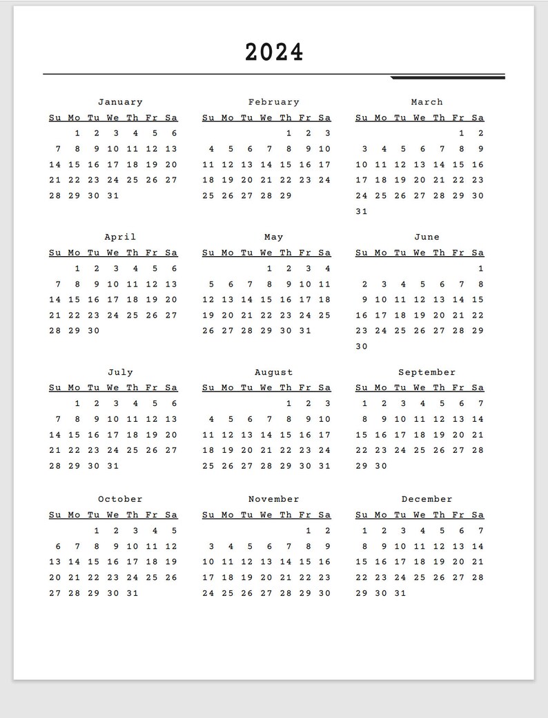 2024 Calendar Overview PDF Printable Sunday Start Letterx4 - Etsy