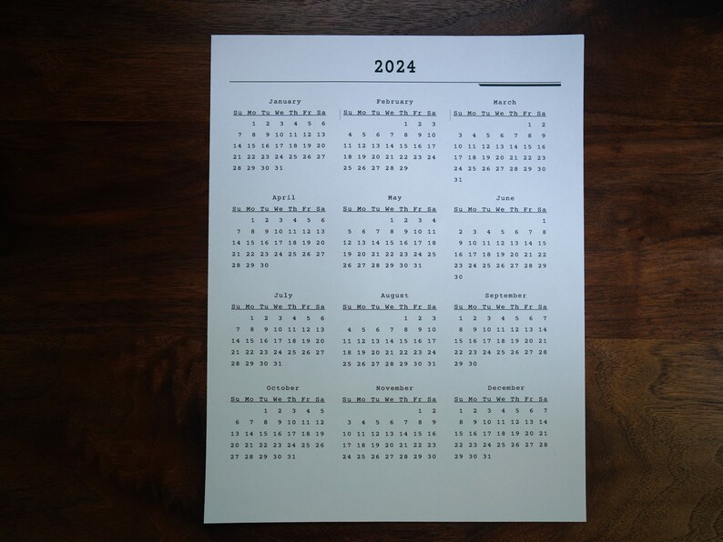 2024 Calendar Overview PDF Printable Sunday Start Letterx4 - Etsy