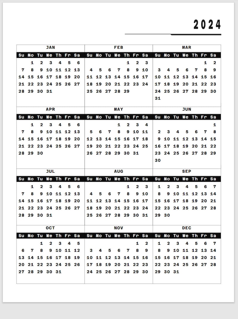 2024 Calendar Overview PDF Printable Sunday Start Letterx4 - Etsy