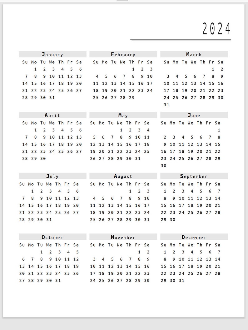 2024 Calendar Overview PDF Printable Sunday Start Letterx4 - Etsy