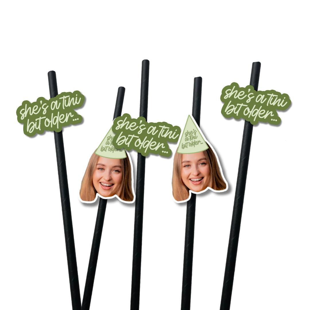 Personalised ‘tini Bit Older’ Straw Toppers & Straws, Custom Cocktail ...