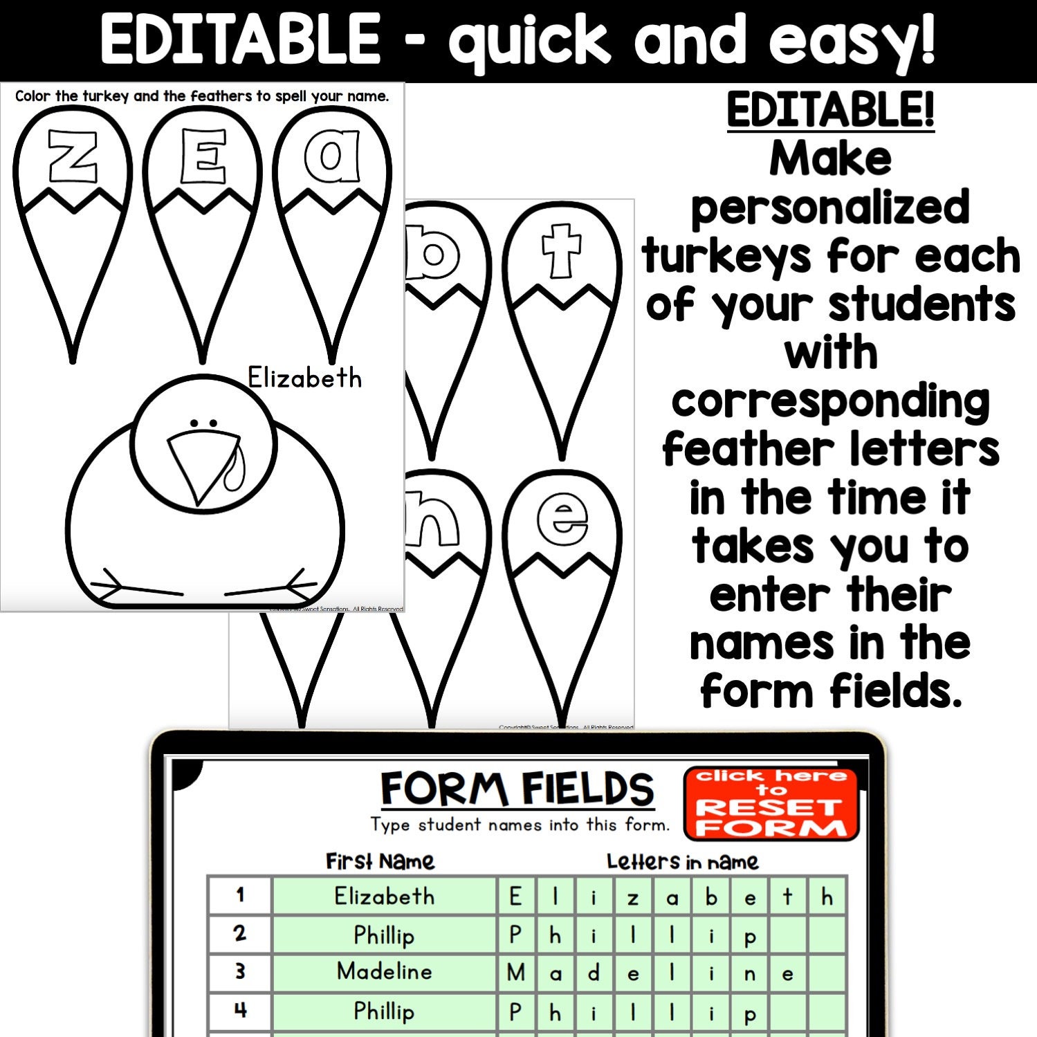 Thanksgiving Turkey Name Craft for Kids Instant Download Editable PDF ...