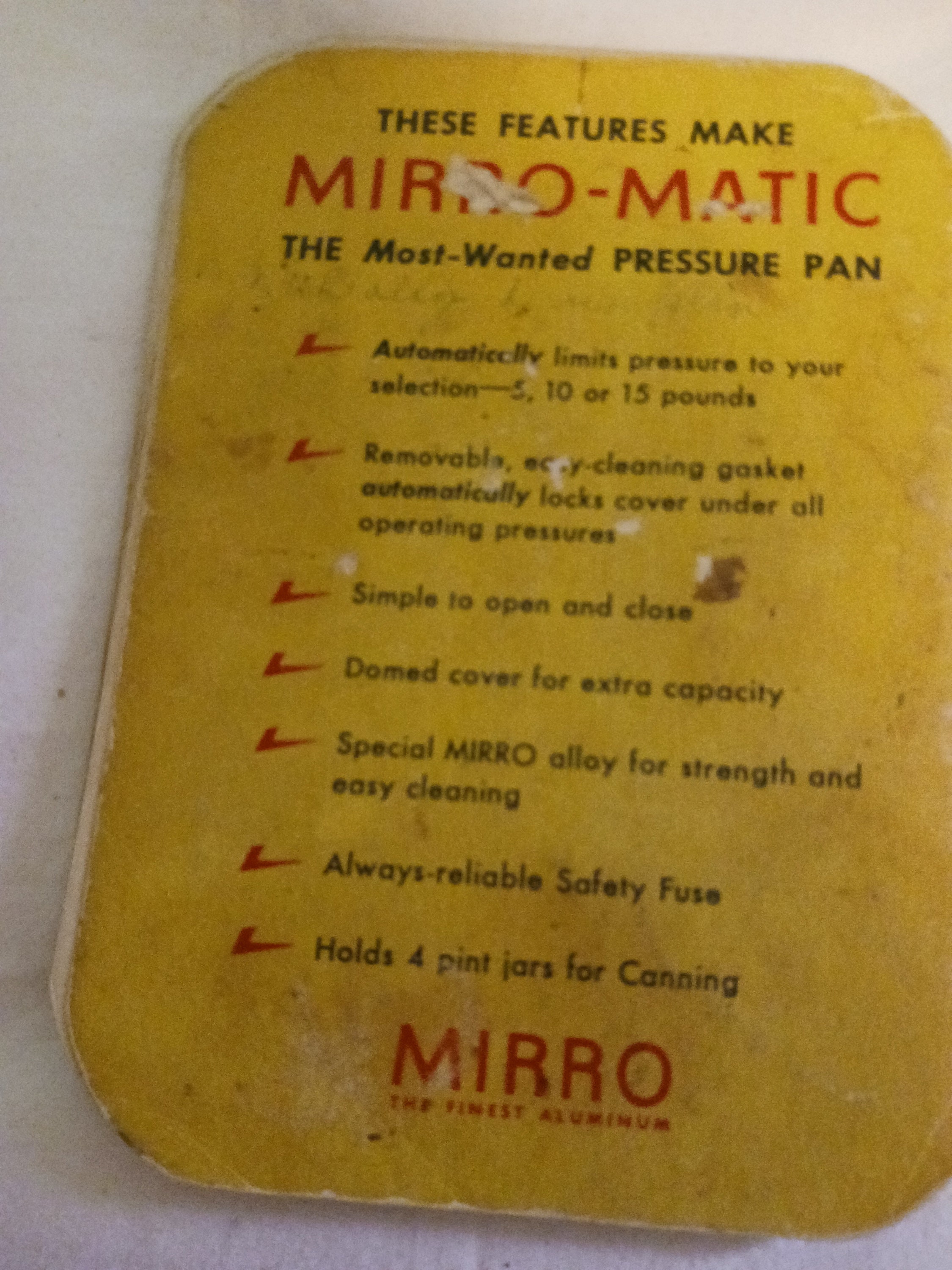 MIRRO-MATIC Pressure Pan Directions Recipes Time Tables Manitowic WI ...