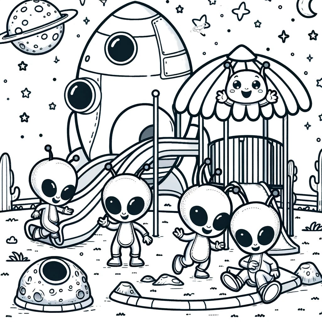 Kids Coloring Book Page Aliens on the Playground - Etsy