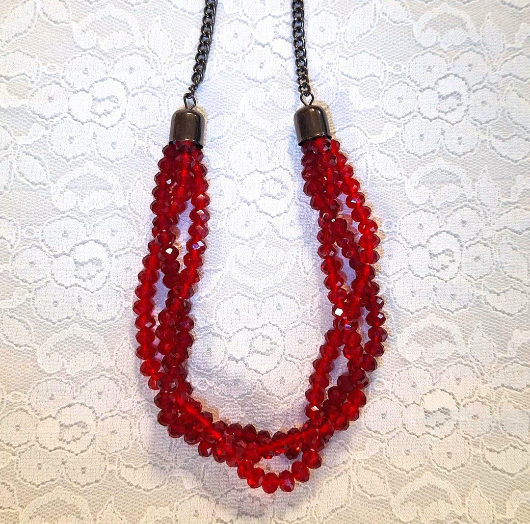 Ruby Red Crystal Necklace, Muti Strand Red Beaded Necklace, Vintage ...