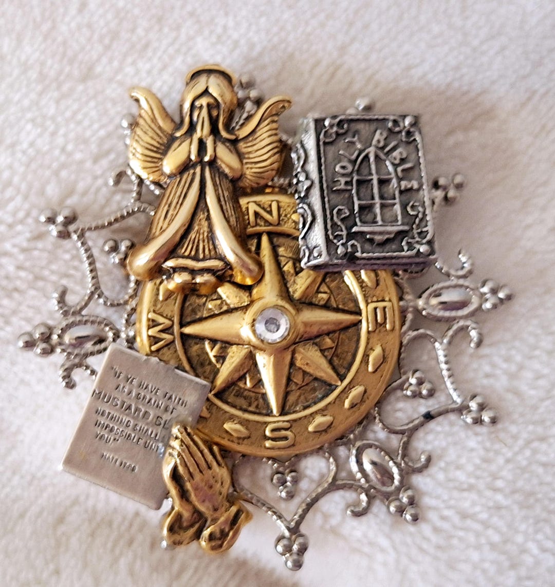 Vintage Faith Pin, Compass Pin, Bible Pin, Matthew Scriptures, Mustard ...