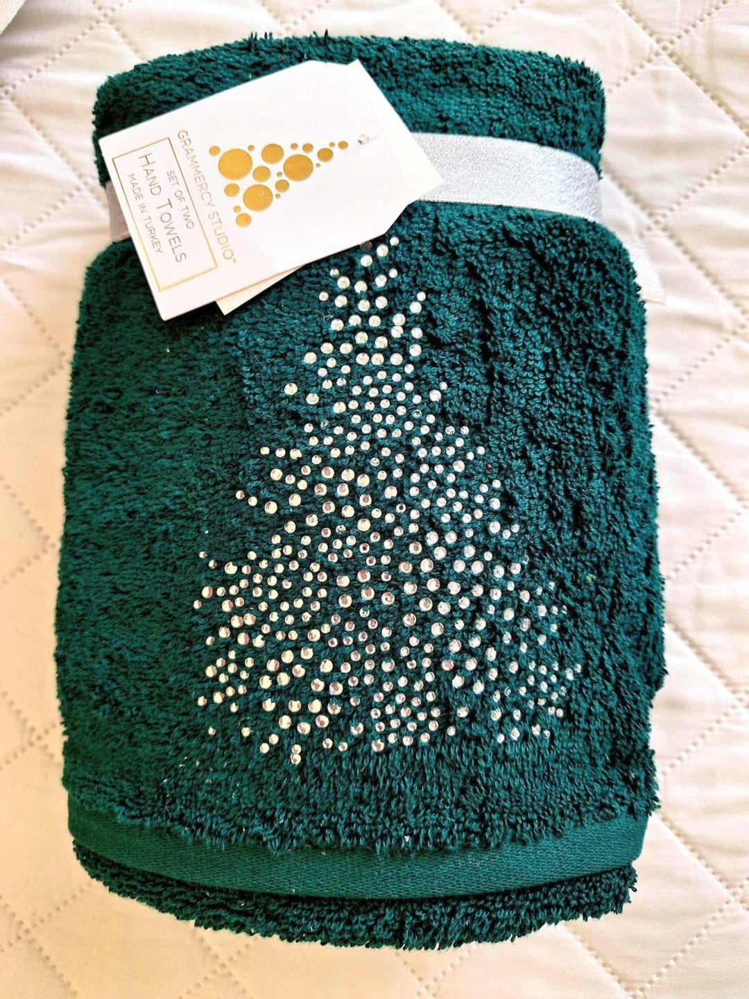 NWT Emerald Green Rhinestone Tree Hand Towels, Set of 2, Beaded Decorative Towels, Dish Towels ...