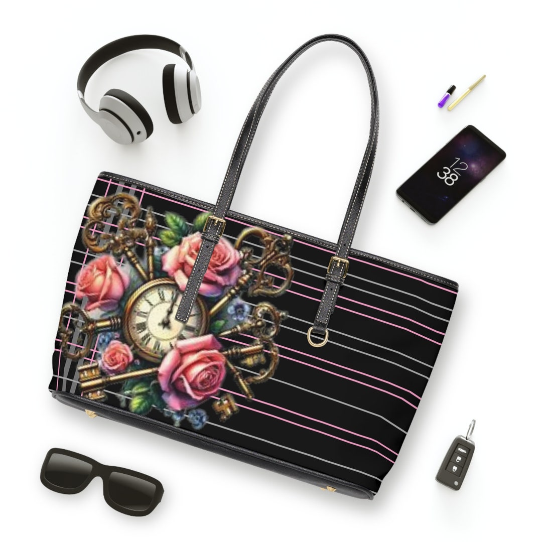 Black Clock Roses Skeleton Key Pink and Gray Stripes Antique Motif ...