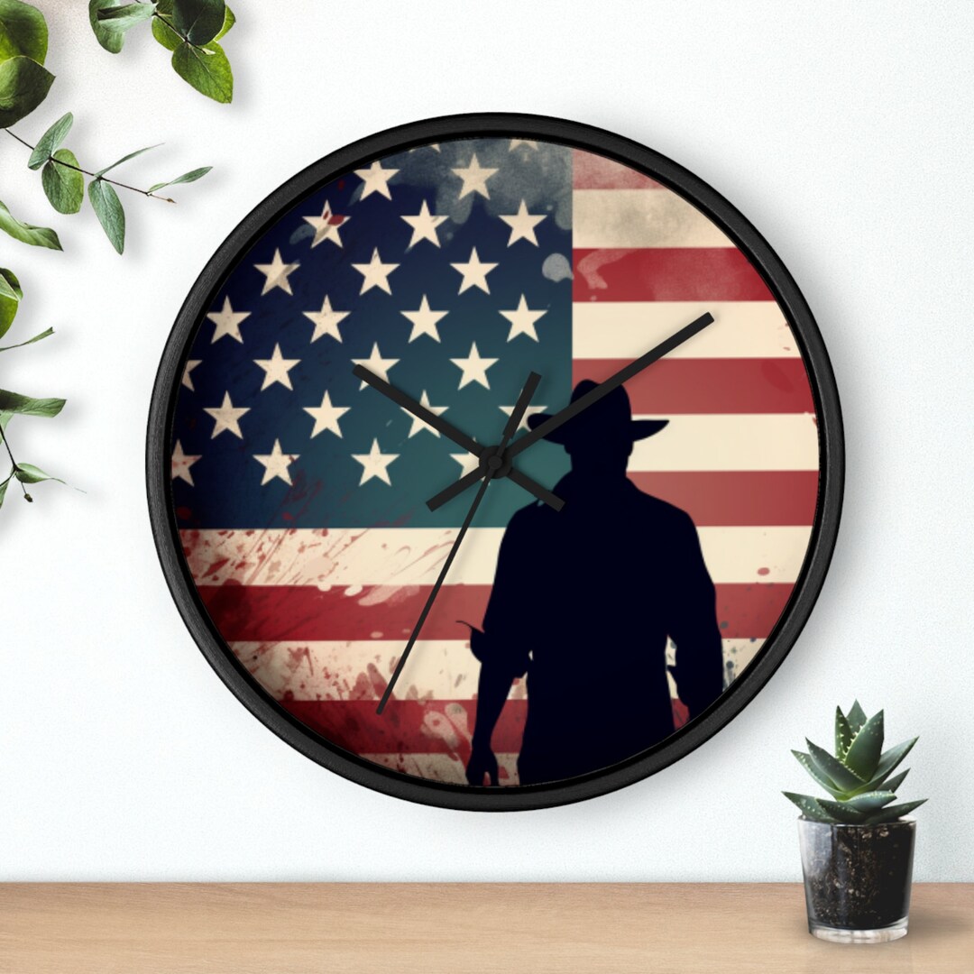American Flag With Cowboy Wall Clock for Den, Man Cave, or Living Room ...