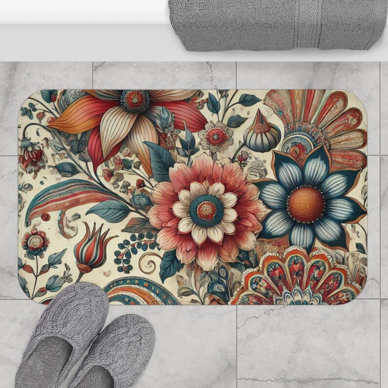 Bohemian Floral Bath Mat, Colorful Bathroom Decor, Boho Chic Home ...