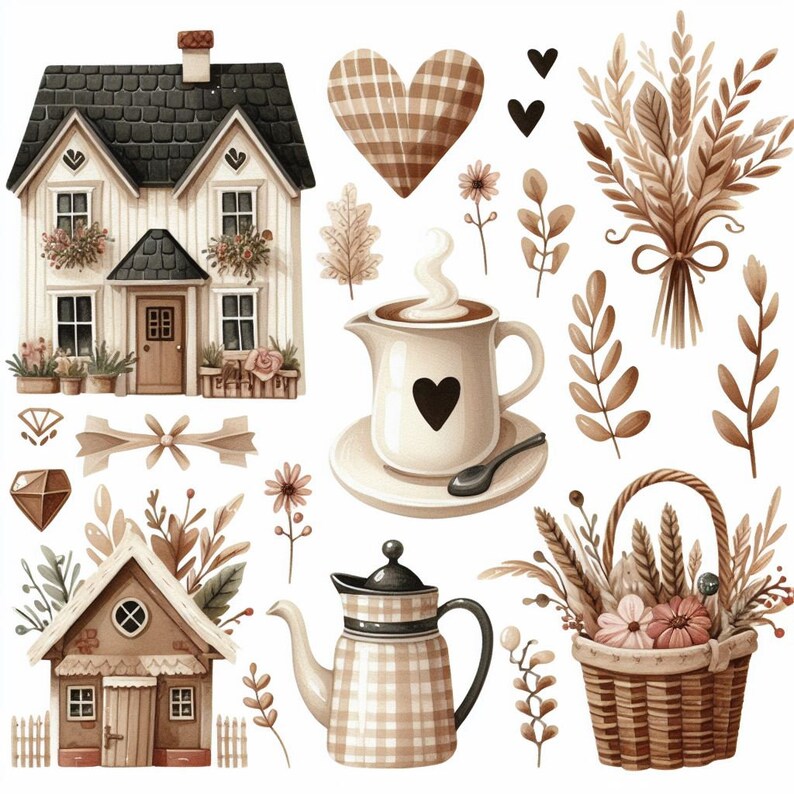 Cottage Farmhouse Coffee Shop Clipart - 15 Sheets, Digital Download for ...
