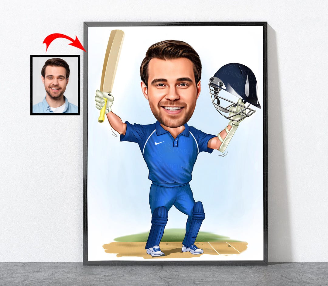 Cartoon Cricket Player Portrait, Cricket Gifts, Cricket Gifts for Men ...