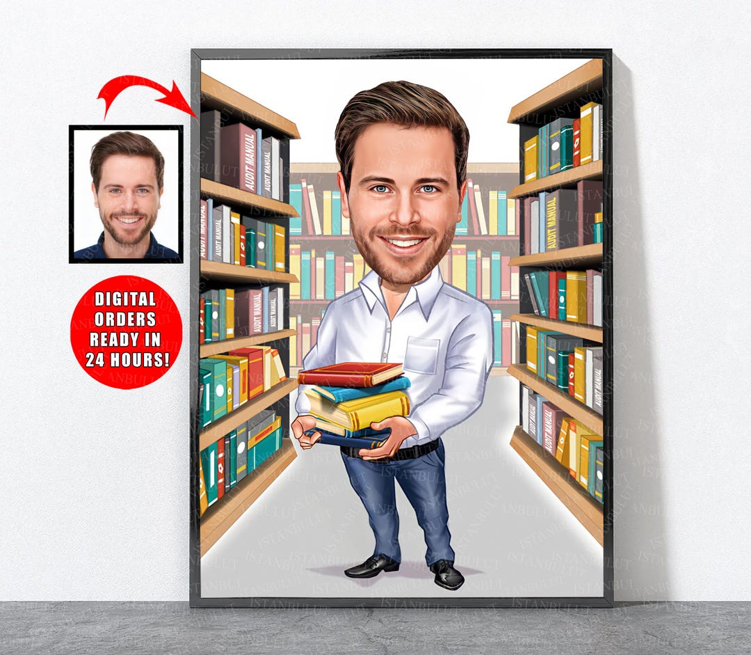 Cartoon Librarian Portrait From Photo, Librarian Gift, Librarian ...